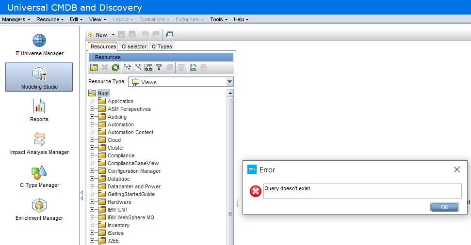 Modeling Studio: "Query doesn't exist" pop-up error message