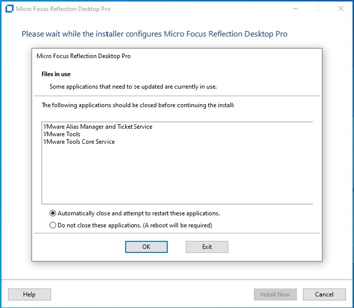 "Files in use" message dialog appears when installing the Reflection ...