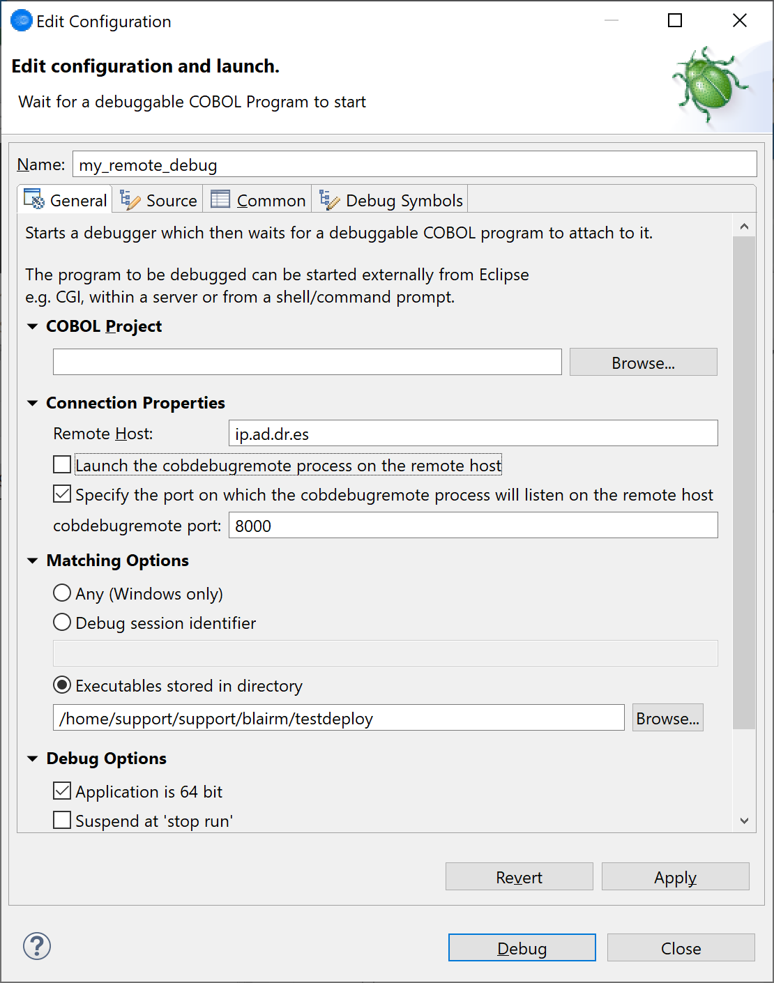 Debug deployed COBOL application under COBOL Server on Linux from Eclipse IDE