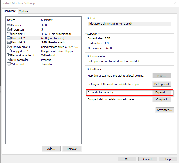 iPrint Appliance Expand Disk Space