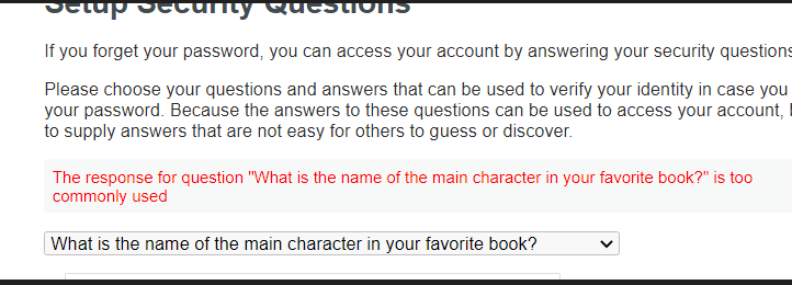 When setting up security questions a user gets the following error: the ...
