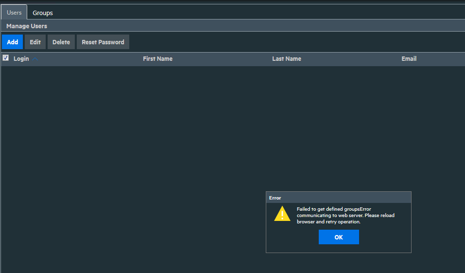 Failed to get defined groupsError communicating to web server