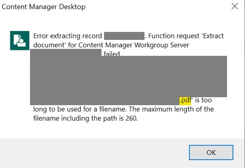 Error extracting record. Function request 'Extract Document' for Content Manager Workgroup ...