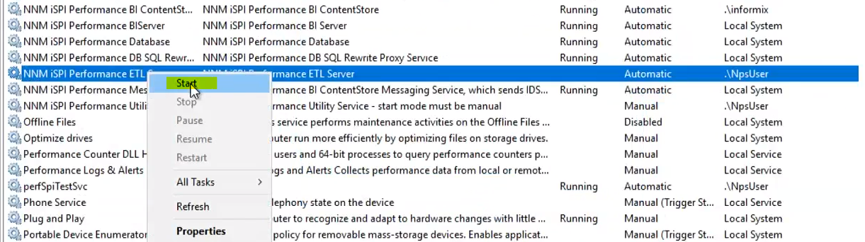 Unable to start ETL service on NNM iSPI Performance for metric (NPS) server after changing the ...