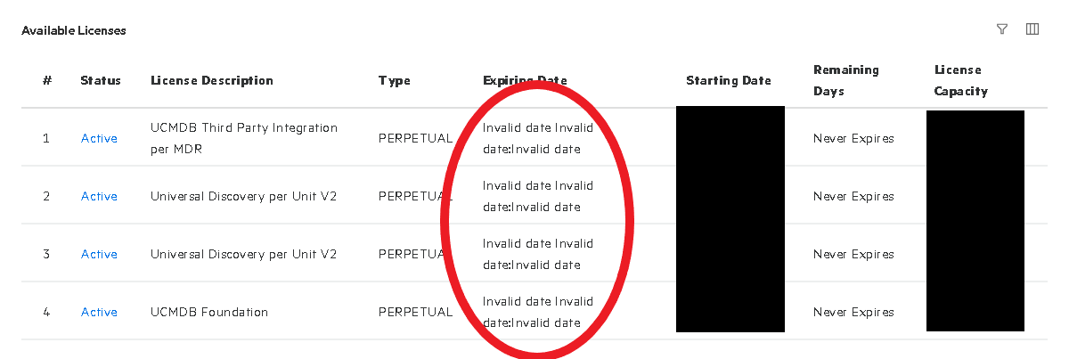 UCMDB CMS UI Licensing report showing "Invalid date Invalid date:Invalid date"