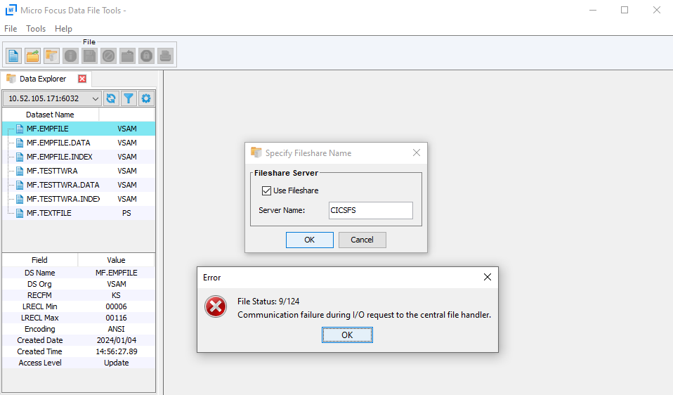 File error 9/124 generated when using mfdatatools2 with fileshare access in Enterprise Developer ...