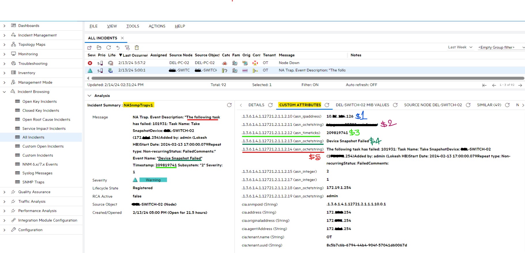NNMi - Include custom attribute parameters in incident message format.