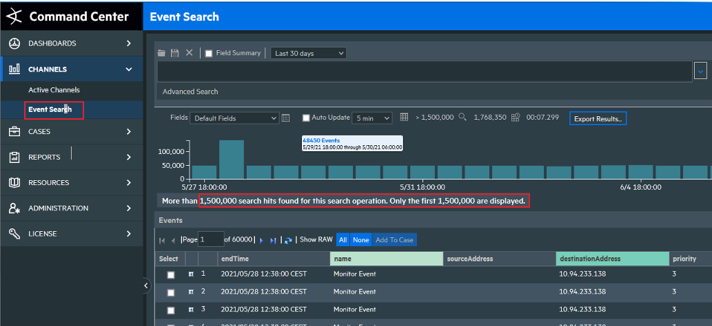 ArcSight Command Centre: Increasing event limit for file export and histogram
