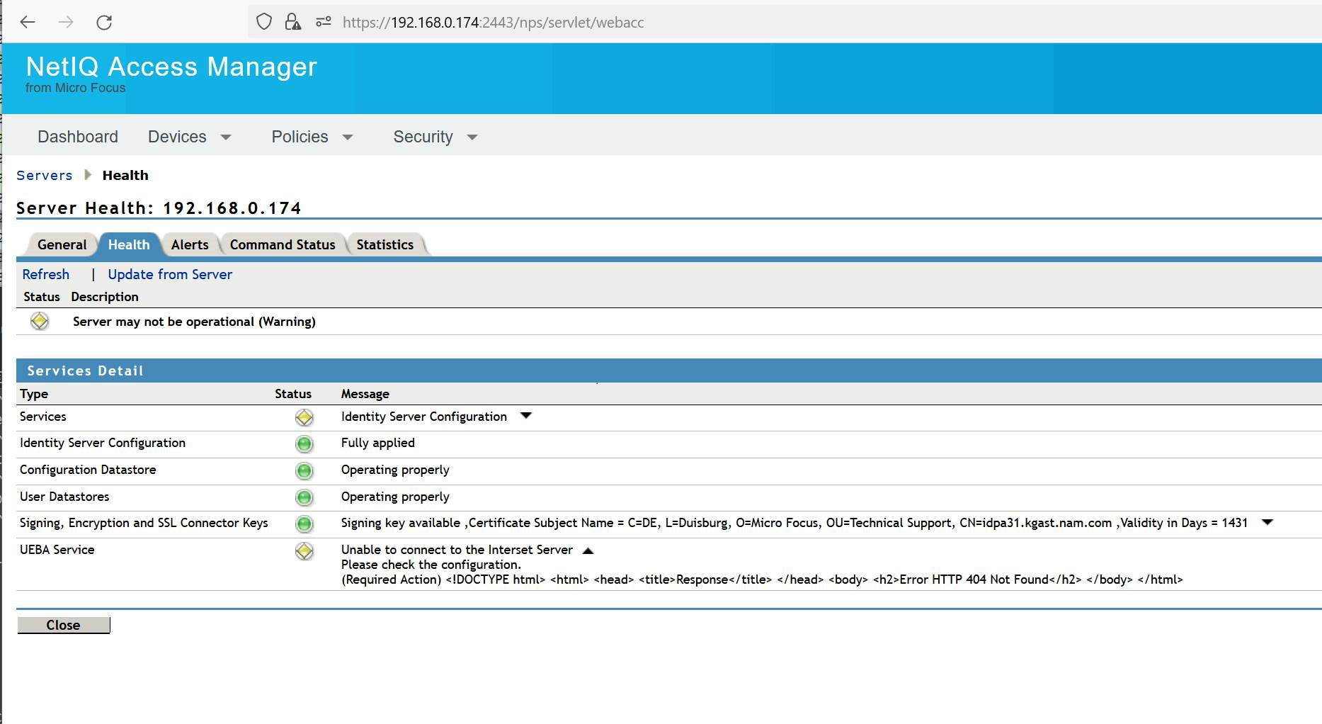 After upgrading NAM IDP server reports Unable to connect to the ...