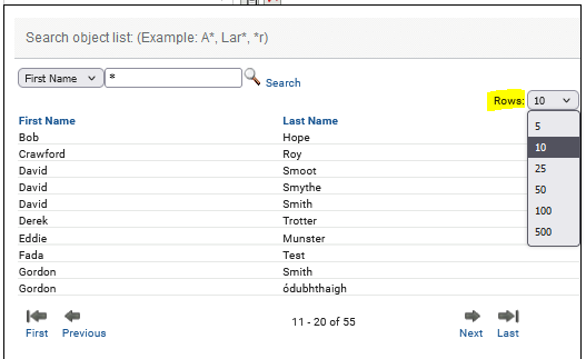Changing the "Options for number of results displayed per page" setting ...