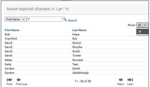 Changing the "Options for number of results displayed per page" setting ...