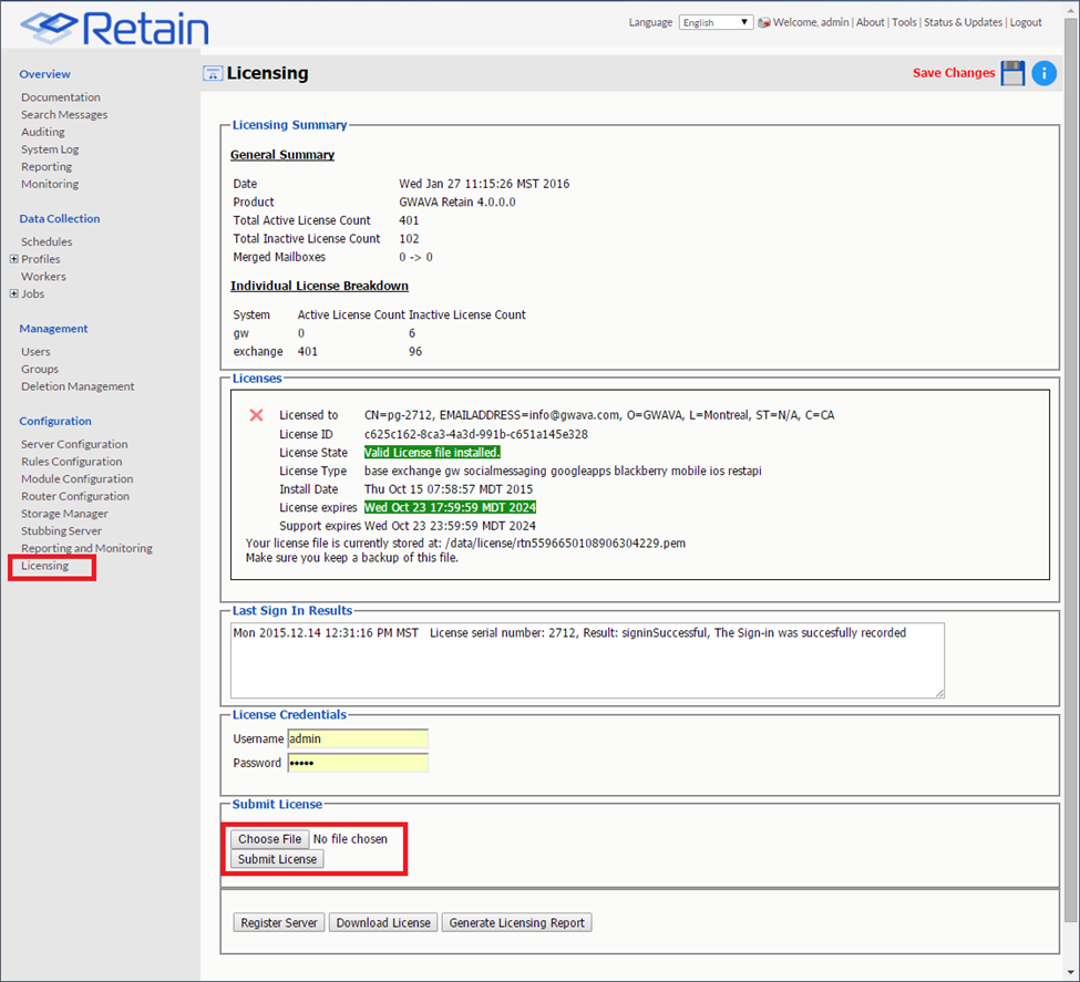 How to obtain and install the license for a Retain system