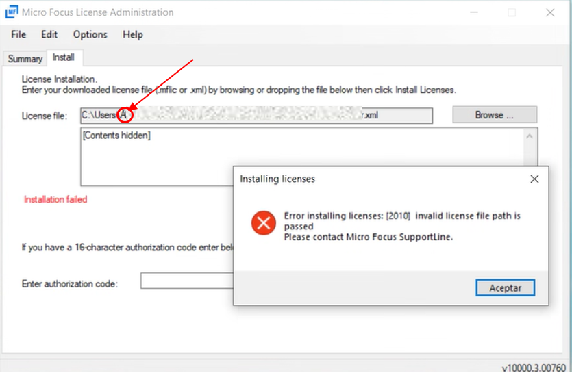 Error message: Invalid license file path when installing (*.xml) AutoPass license file