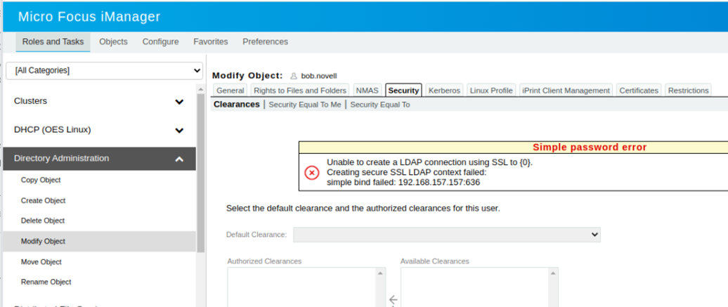 Troubleshooting iManager NMAS LDAP Transport Error and Creating secure SSL LDAP context failed