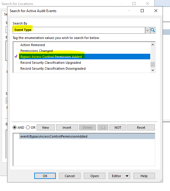 Find out locations who are granted "Bypass Access Controls" permission at a specific date range.
