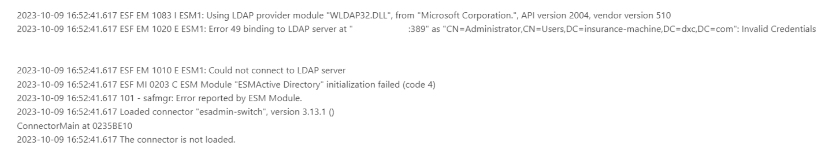 Invalid credential error on the External Security Manager in Enterprise Server
