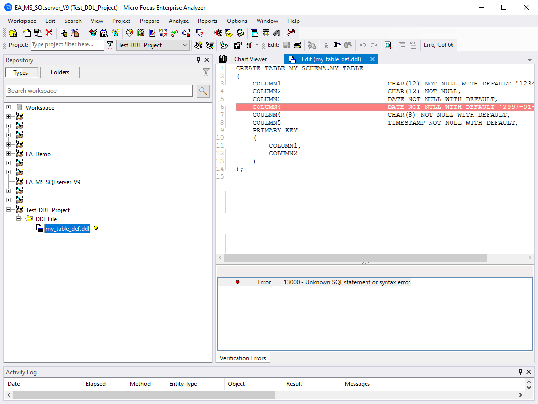 Verifying a DDL file give errors on literal definitions and date formats.