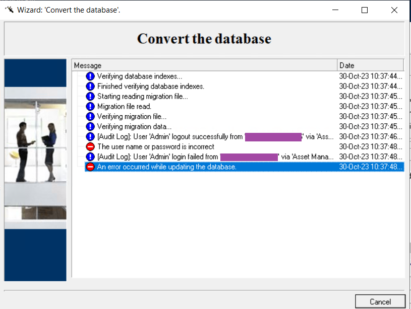 Migration from Asset Manager 9.80 to 9.90 fails for incorrect password