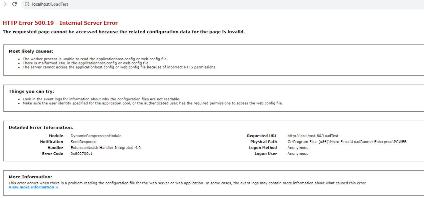 Unable to access LRE WebUI with HTTP 500.19 error