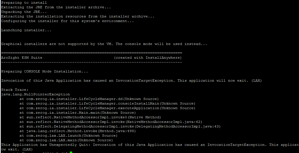 Unable to install Arcsight ESM due to "Invocation of this Java Application has caused an ...