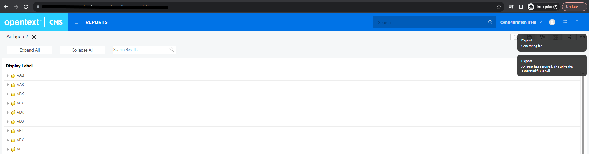 CMS UI Export reports fails with message in the UI "The url to the ...