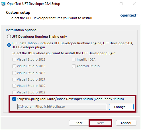 UFT Developer installation fails to continue due to marked checkbox for Eclipse IDE Plug-in