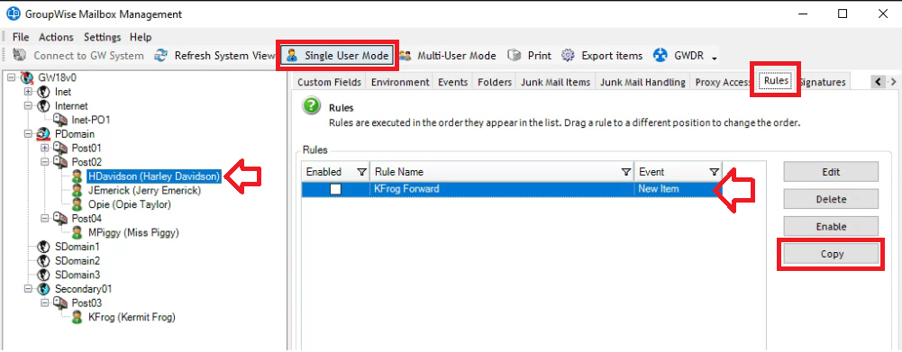 How to copy user specific rules using GroupWise Mailbox Management