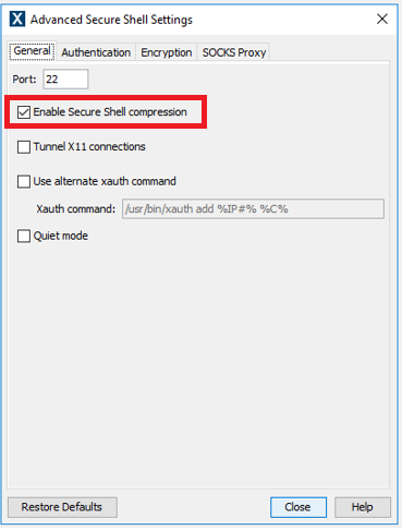 The error message "Failed to negotiate compression algorithm" displays when "Enable Secure Shell ...