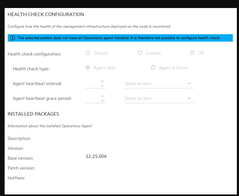 Health check configuration shows there is no agent installed