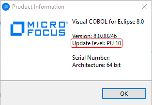 How to determine the Patch Update level of Visual COBOL?