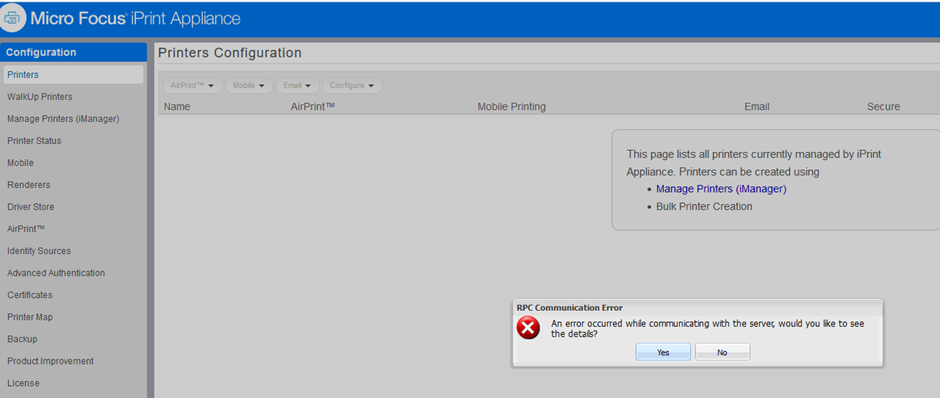 iPrint Printers Configuration fails with RPC Communication Error