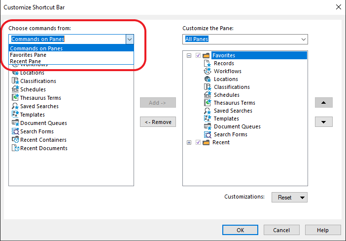 Available command tabs disappear from Customize Shortcut Bar