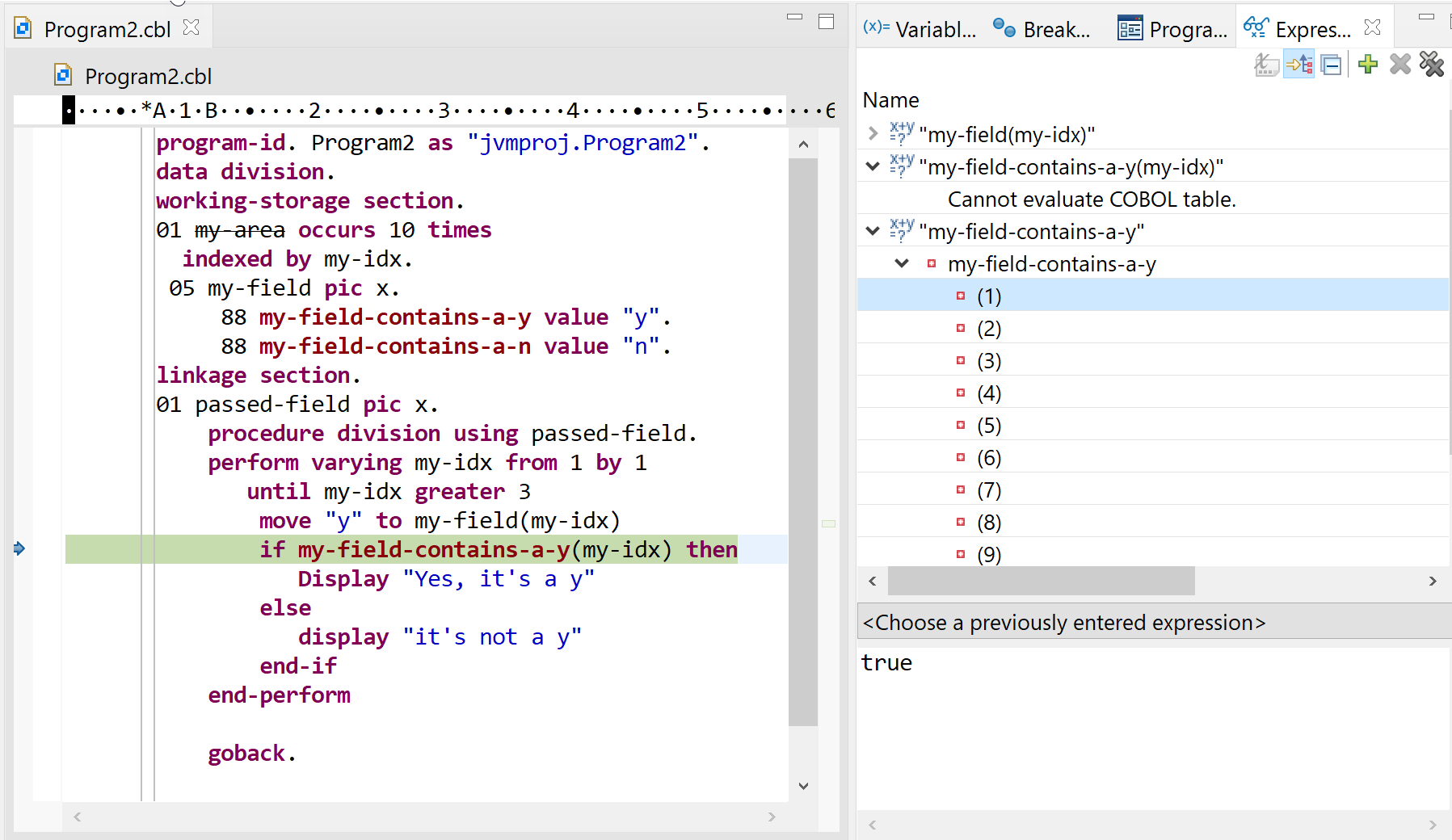 Indexed 88 level in JVM Expressions view causes "Cannot evaluate COBOL table."