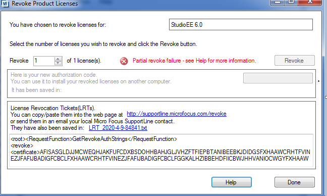 Partial Revoke Failure error received when attempting to revoke the license