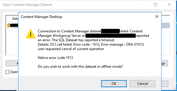 Error: ORA-01013: user requested cancel of current operation