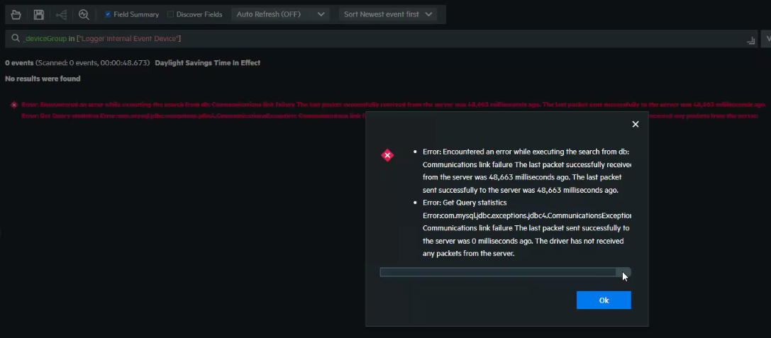 Communication link failure when running a search on Logger