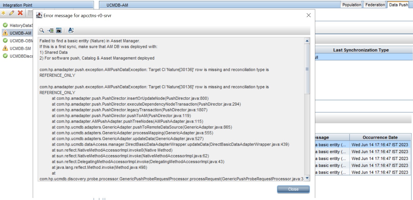 When pushing data from uCMDB to AM, job got failed with error: Failed to find a basic entity ...