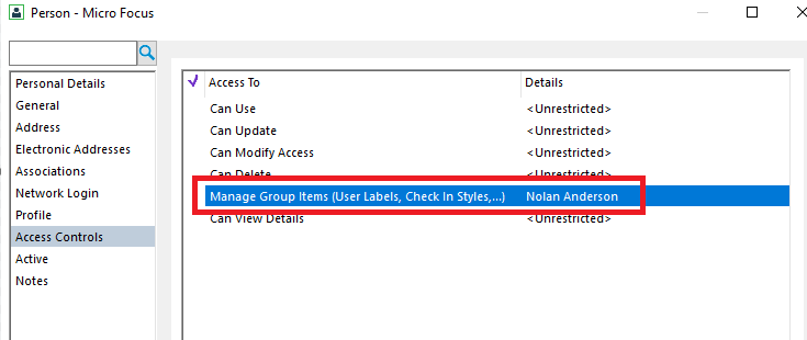 Users are listed under Content Manager - Manage Group Items access ...
