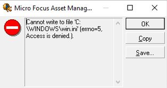 Getting error "Cannot write to file C:\Windows\win.ini"