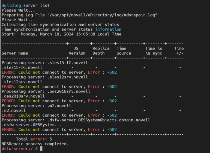 Error -602 when running ndsrepair -T to report time synchronization