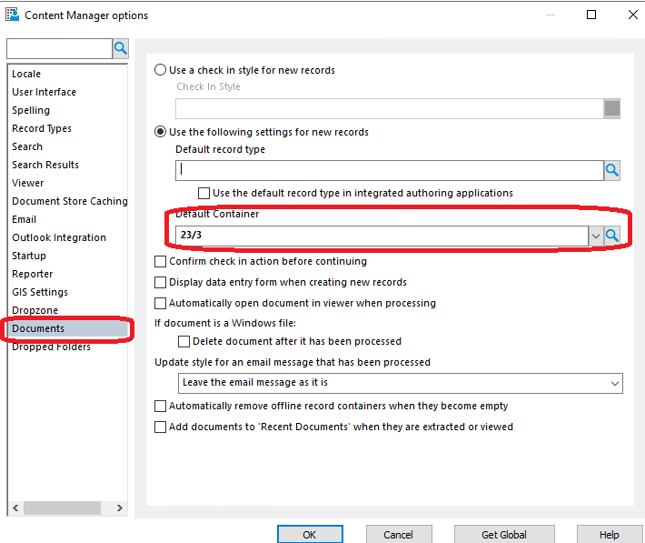 How to remove the Default Container for new document records