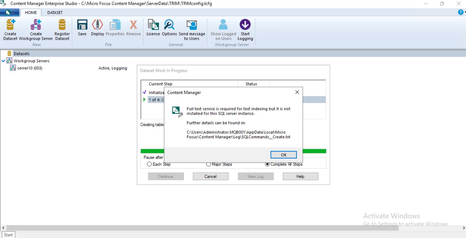 Content Manager: "Full text service is required for text indexing but it is not installed for ...