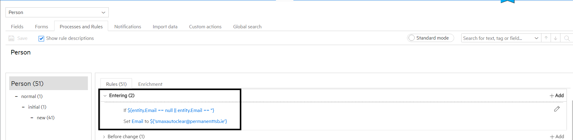 Rule to set Person's email to default value not working