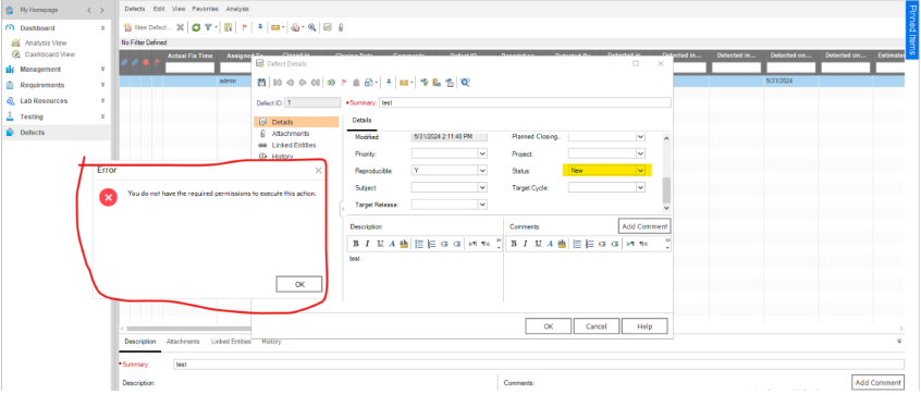 Unable to change/update the status field of the defects