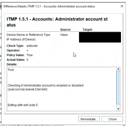 Administrator account status audit item returns string instead of exit code