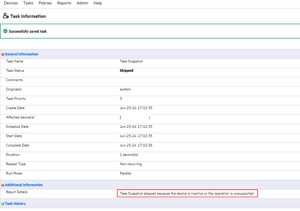 Snapshot failed in Network Automation(NA) 2021.11 with error message ...