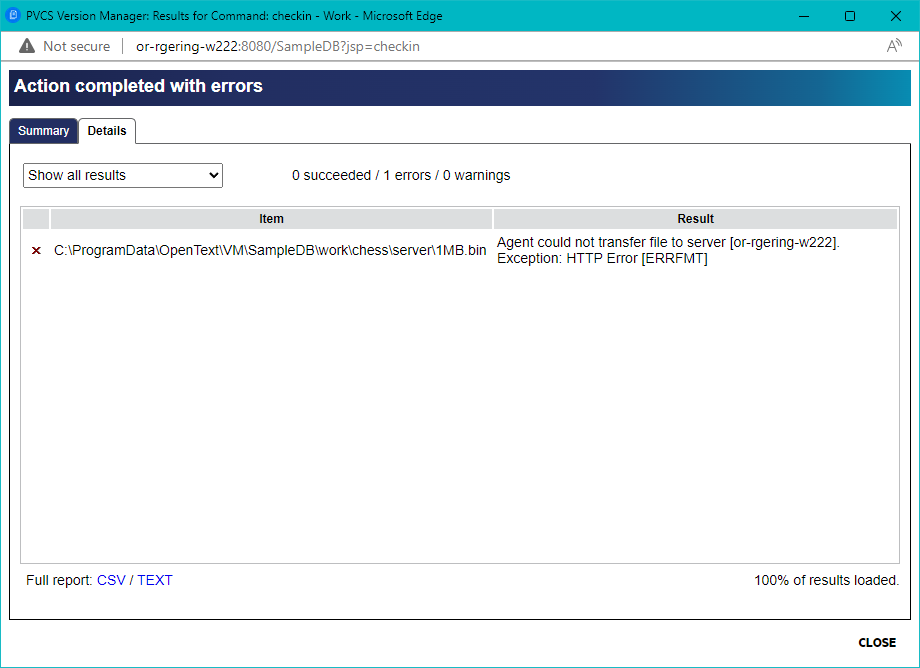 PVCS VM 8.7+ Web Client Check In operations fail with "Agent could not transfer file to server ...