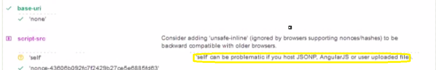Google CSP Evaluator returns false positive for "script-src 'self" in Advanced Authentication