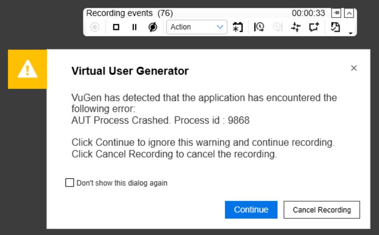 LoadRunner Recording: Vugen throws an "AUT Process Crashed. Process id : xxxxxx" error