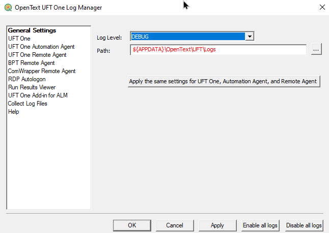 OpenText UFT One Log Manager | General Settings